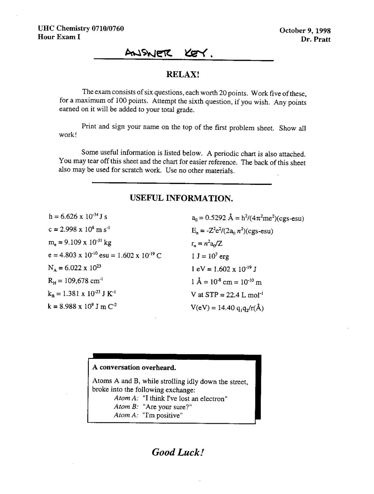 6 Solved Problems On General Chemistry I Exam 1 Chem 0710 Docsity