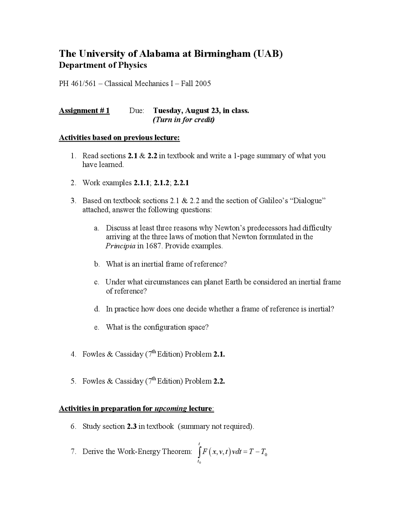 Classical Mechanics I - Study Guide for Assignment 1 | PH 461 - Docsity
