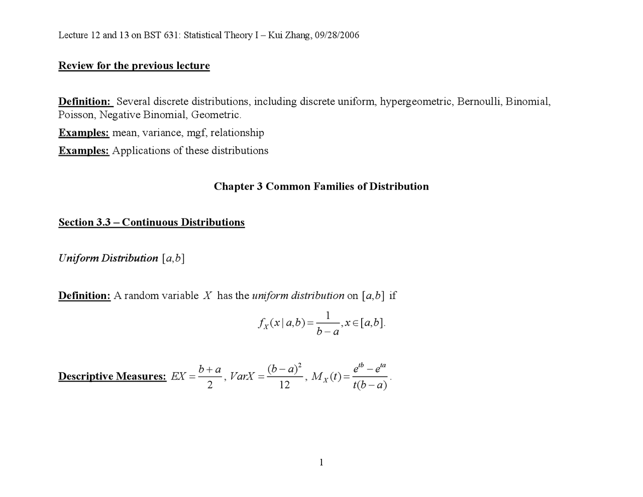 Lecture 12-13 on Statistical Theory I: Probability Distributions ...