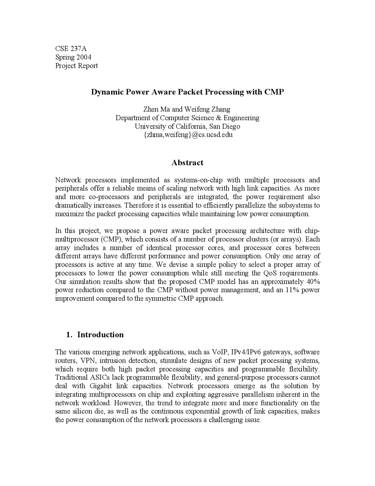 Dynamic Power Aware Packet Processing With Cmp Project Report Cse