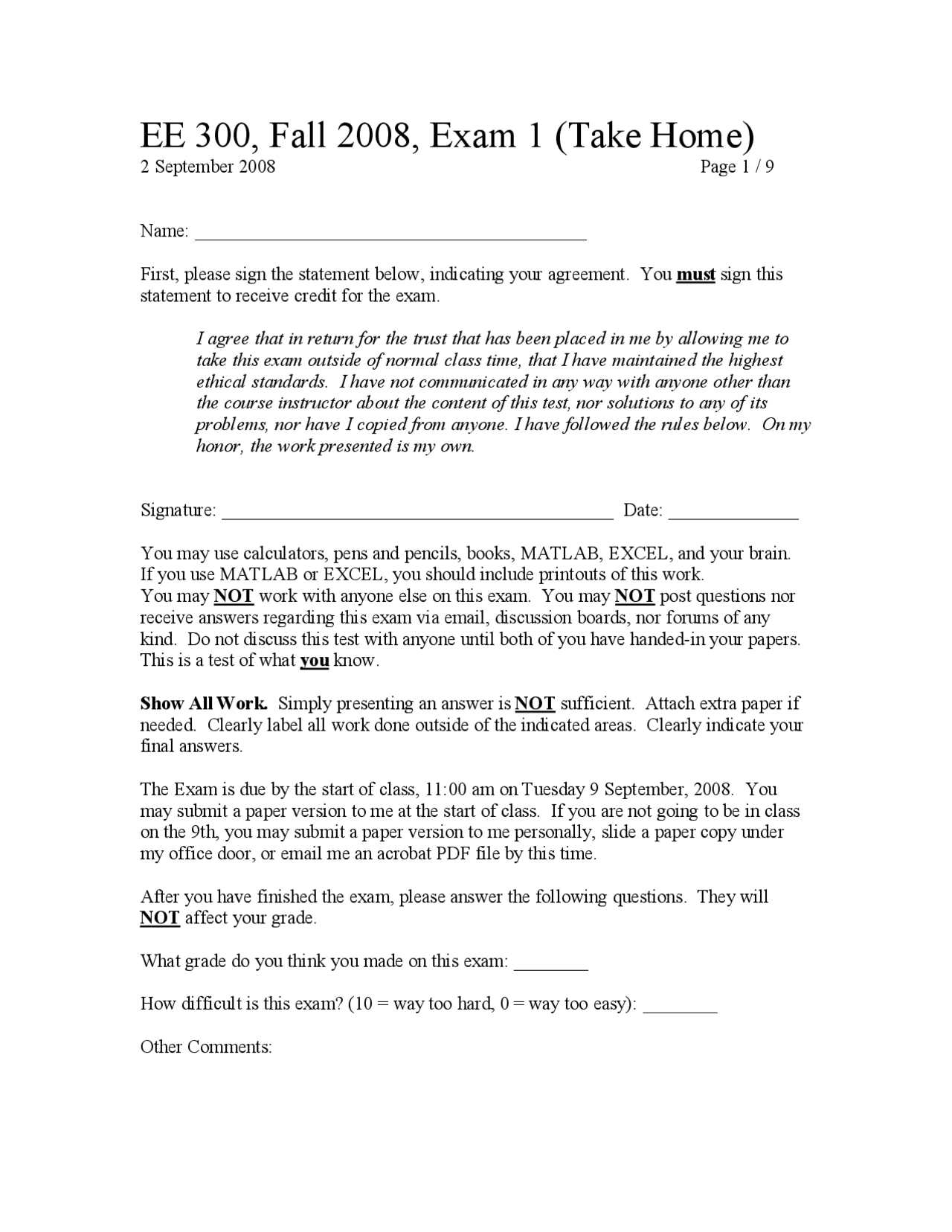 Engineering Problem Solving Ii Take Home Exam 1 Ee 300 Docsity