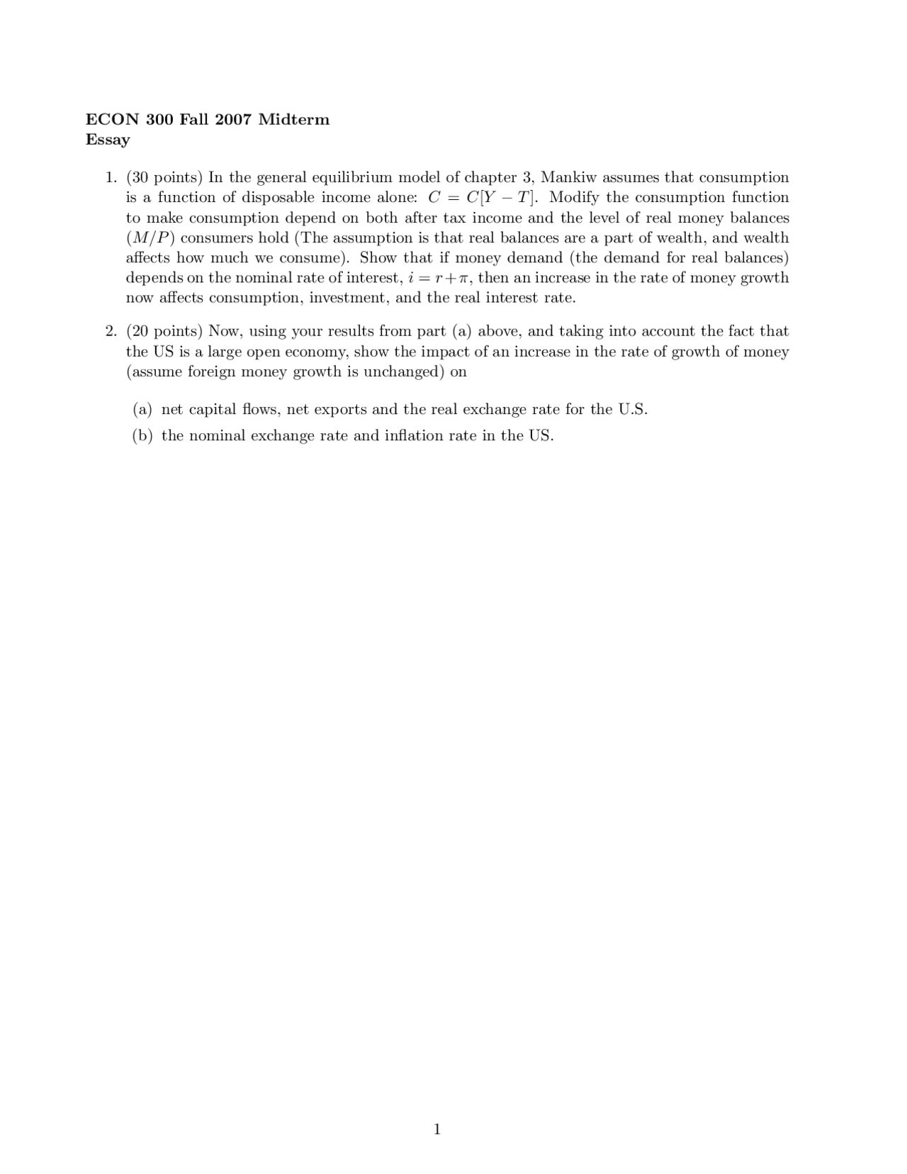 Midterm Exam Problems for Intermediate Macroeconomics Theory | ECON 300 - Docsity