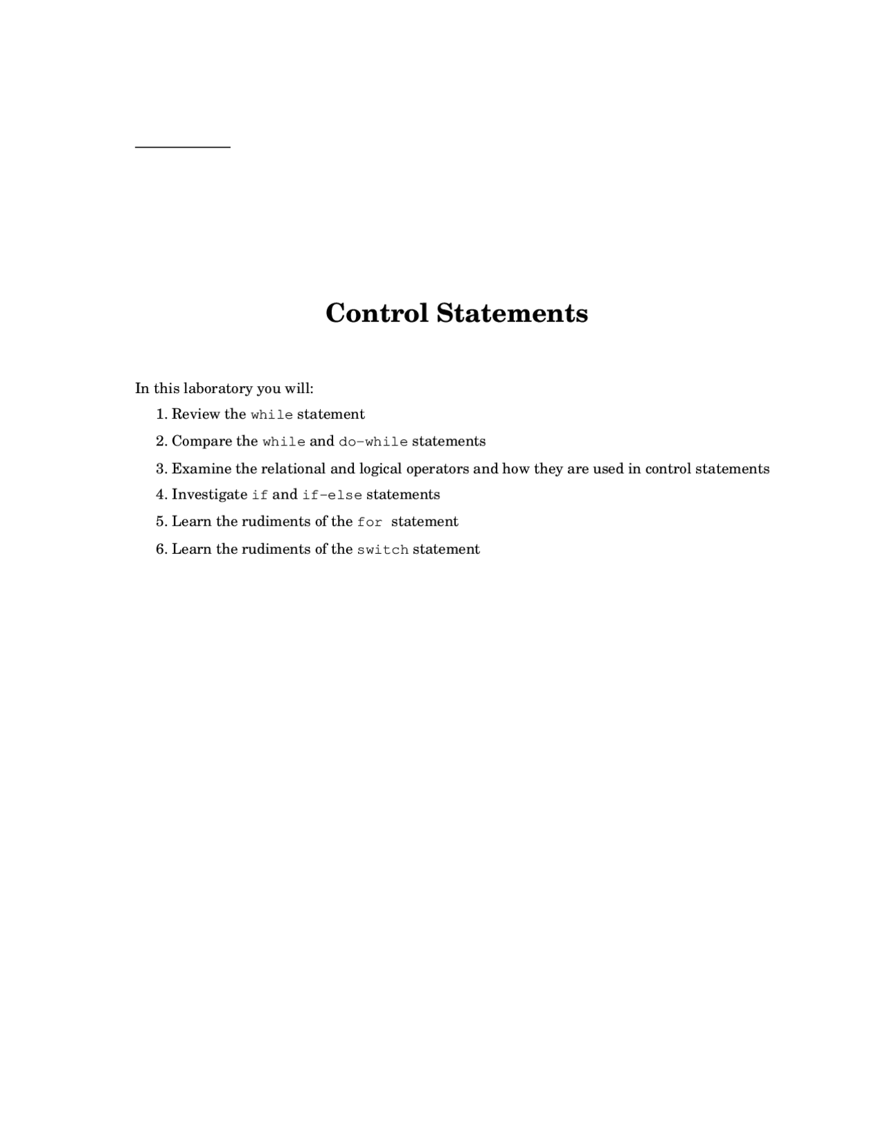 Rudiments of Control Statement in Object Oriented Programming | CS 201 - Docsity