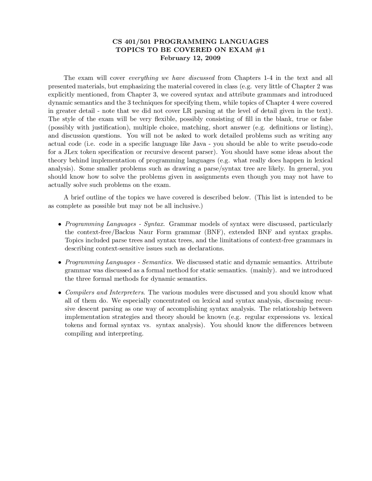 Exam 1 With Practice Questions Programming Languages Cs 401 Docsity