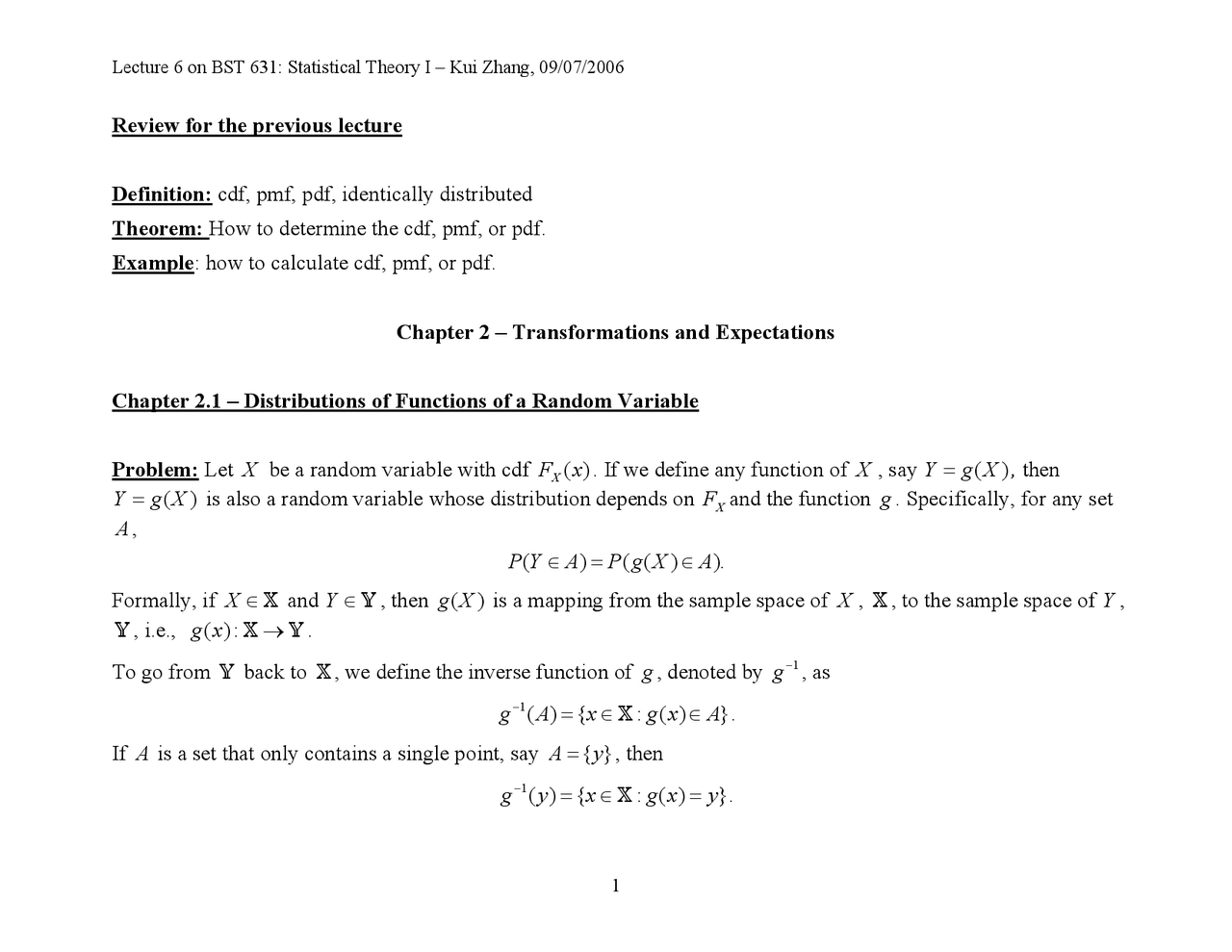 Transformations And Expectations Lecture Notes Bst 631 Docsity