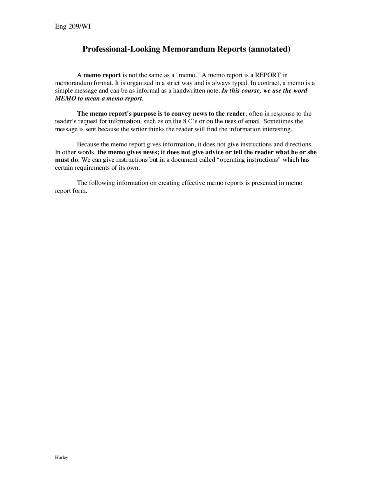 Notes on Professional-Looking Memorandum Reports | ENG 209 - Docsity