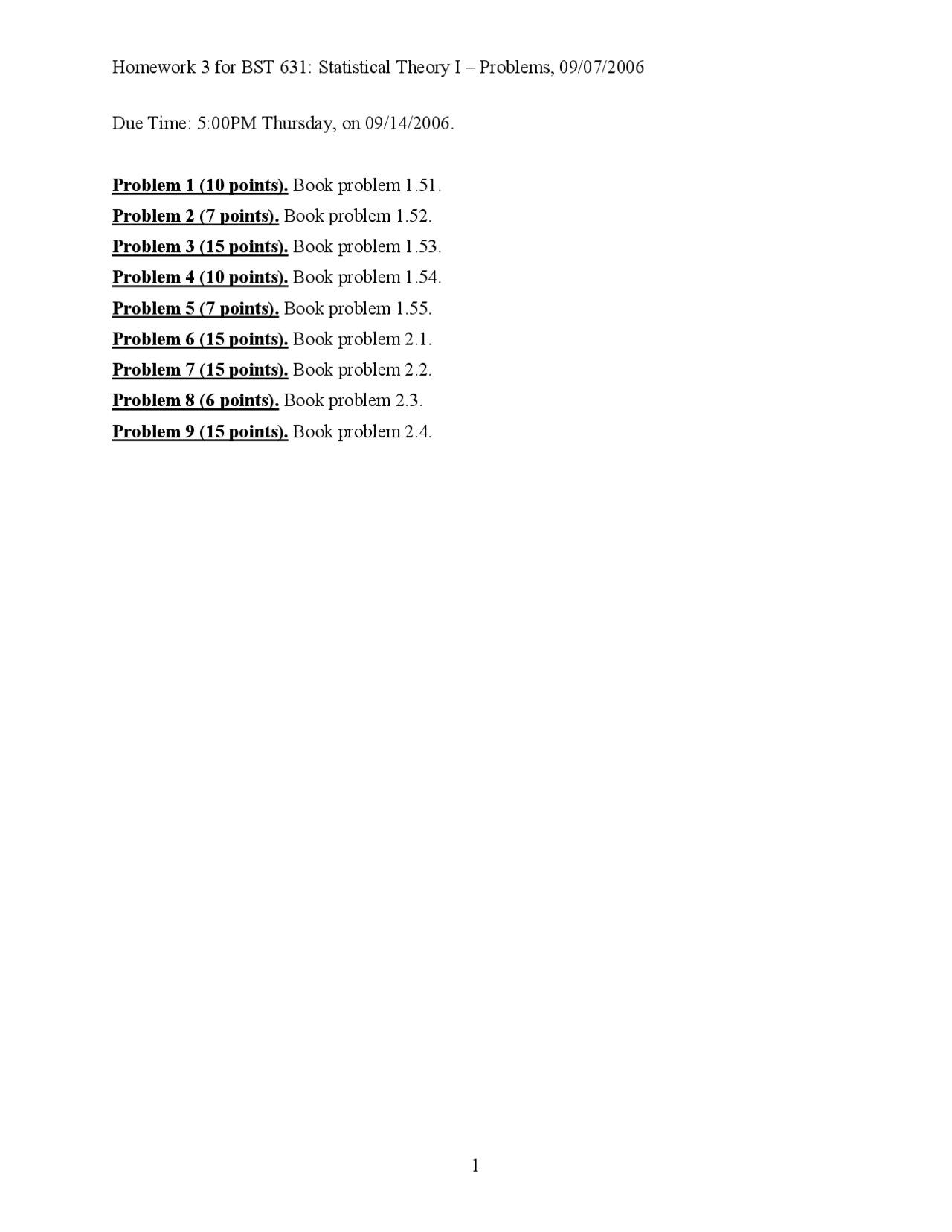 Homework 3 Problems Statistical Theory I Bst 631 Docsity