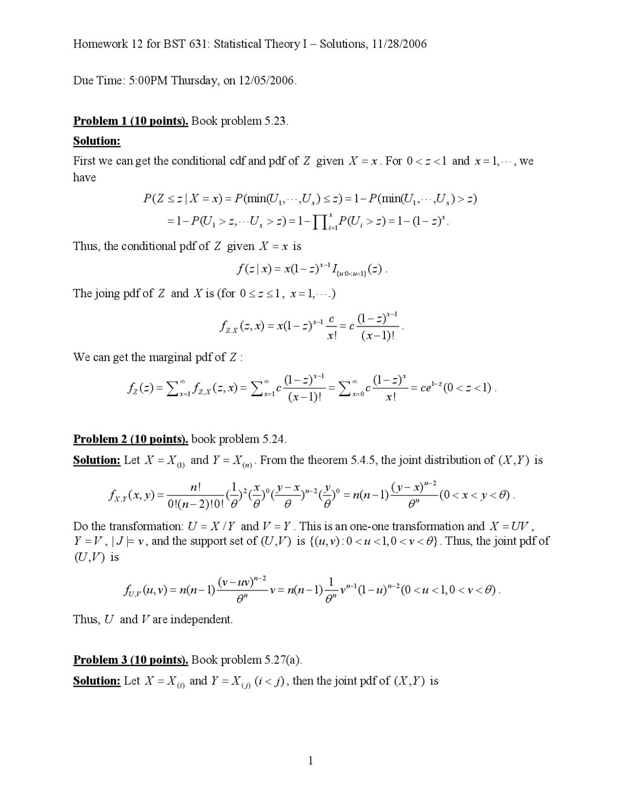 Homework 12 With Solutions Statistical Theory I Bst 631 Docsity