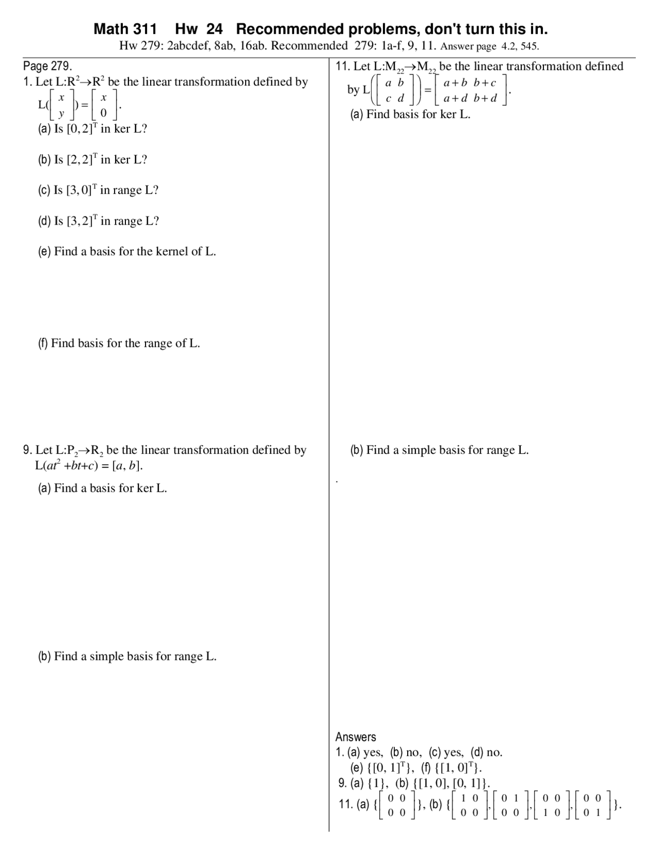 Homework 24 Problems For Introduction To Linear Algebra Math 311