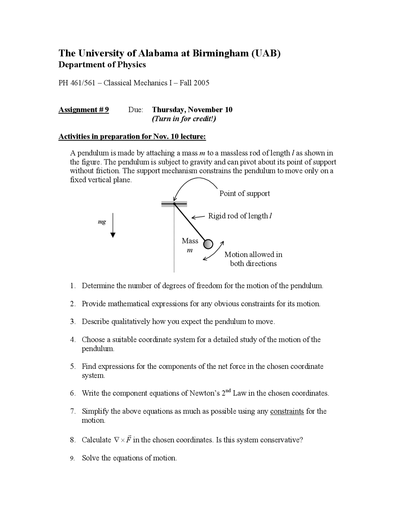 Study Questions for Assignment 9 | Classical Mechanics I | PH 461 - Docsity