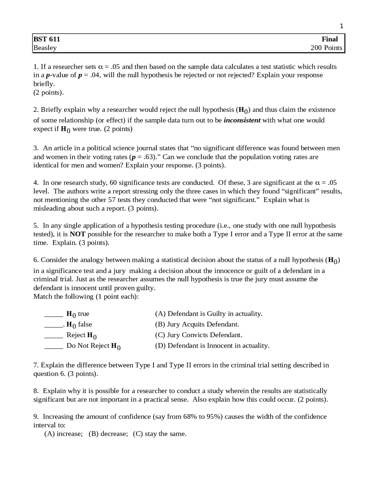 Solved Final Exam Intermediate Statistical Analysis I Bst 611