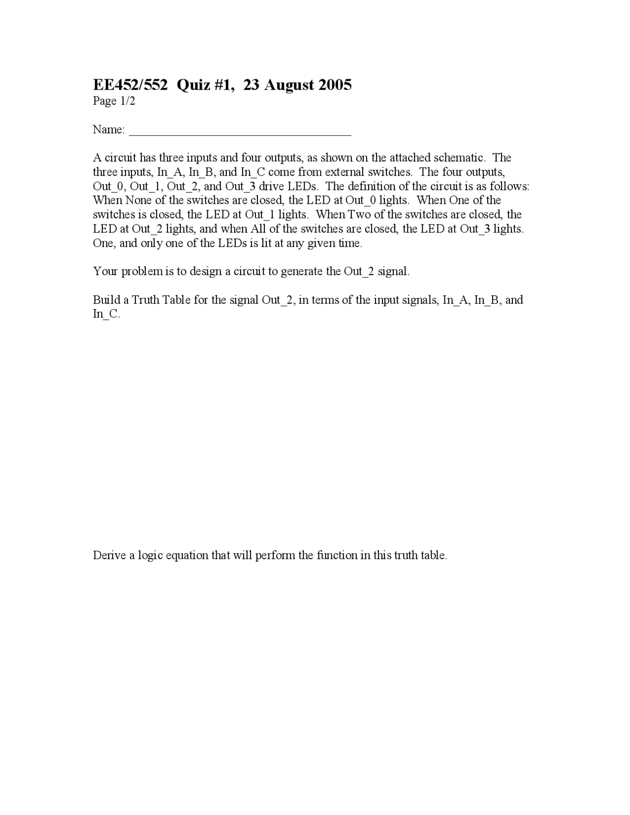 Practice Quiz 1 Digital Systems Design Ee 452 Docsity