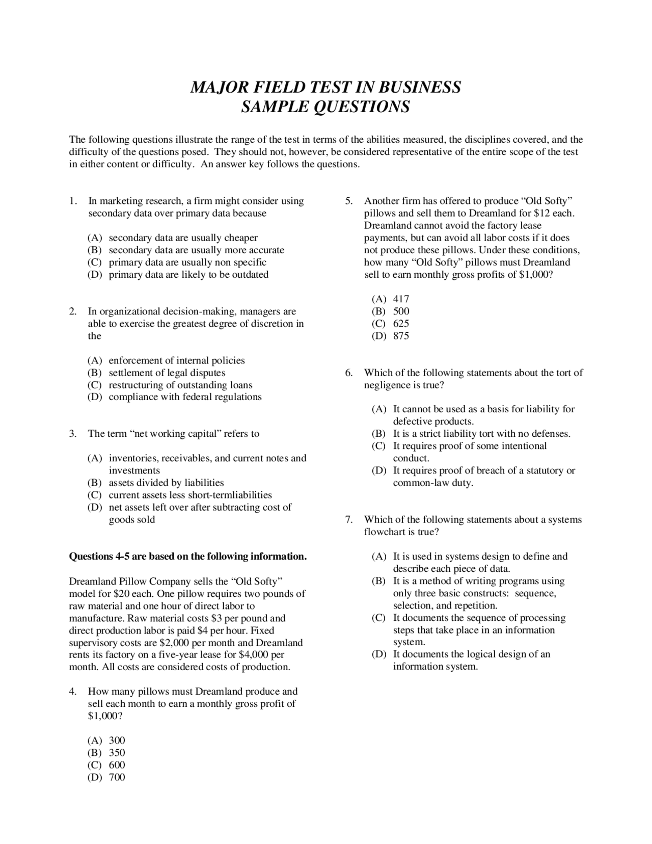 Sample Questions on Major Field Test in the Business | MGT 490 - Docsity