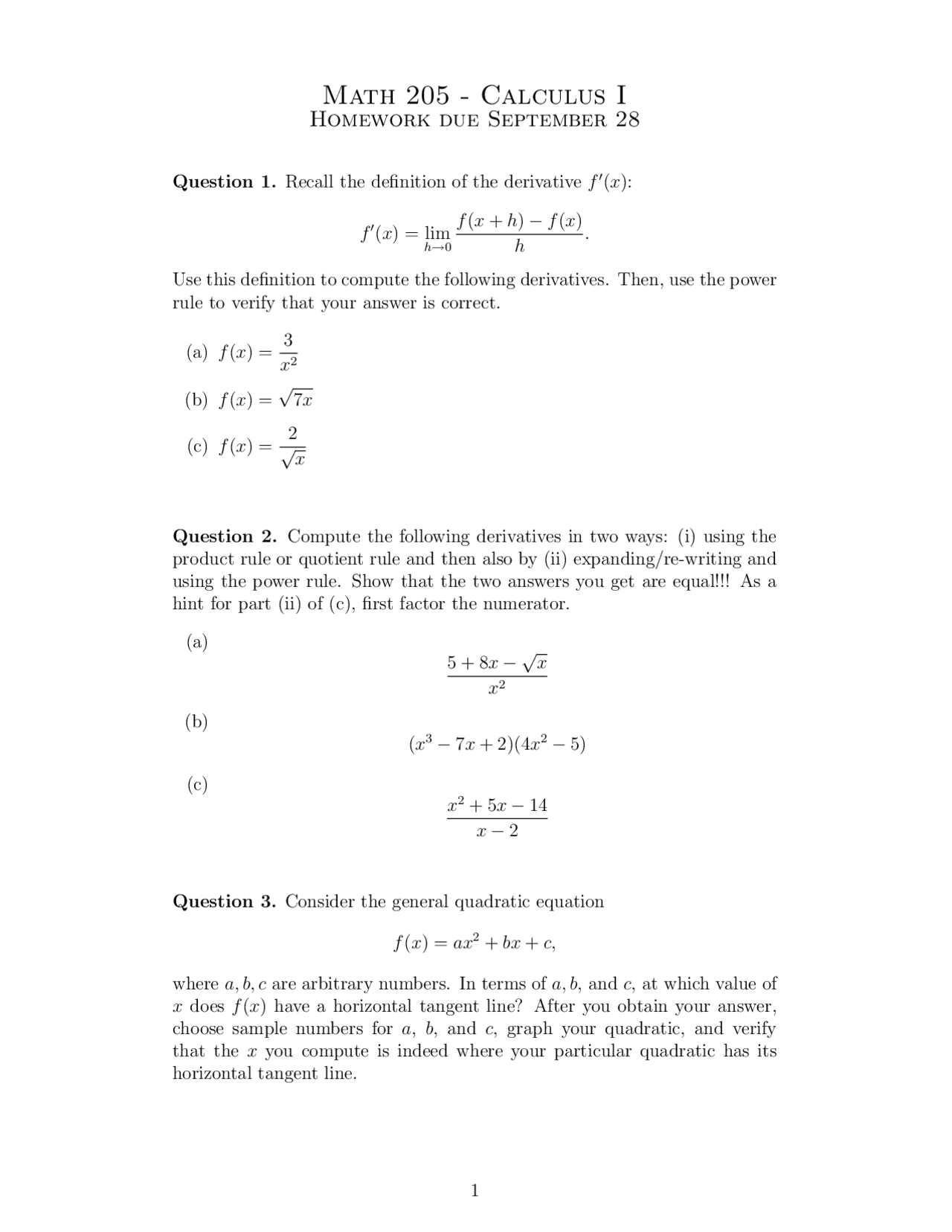 Homework Unsolved Questions For Calculus I Math 205 Docsity