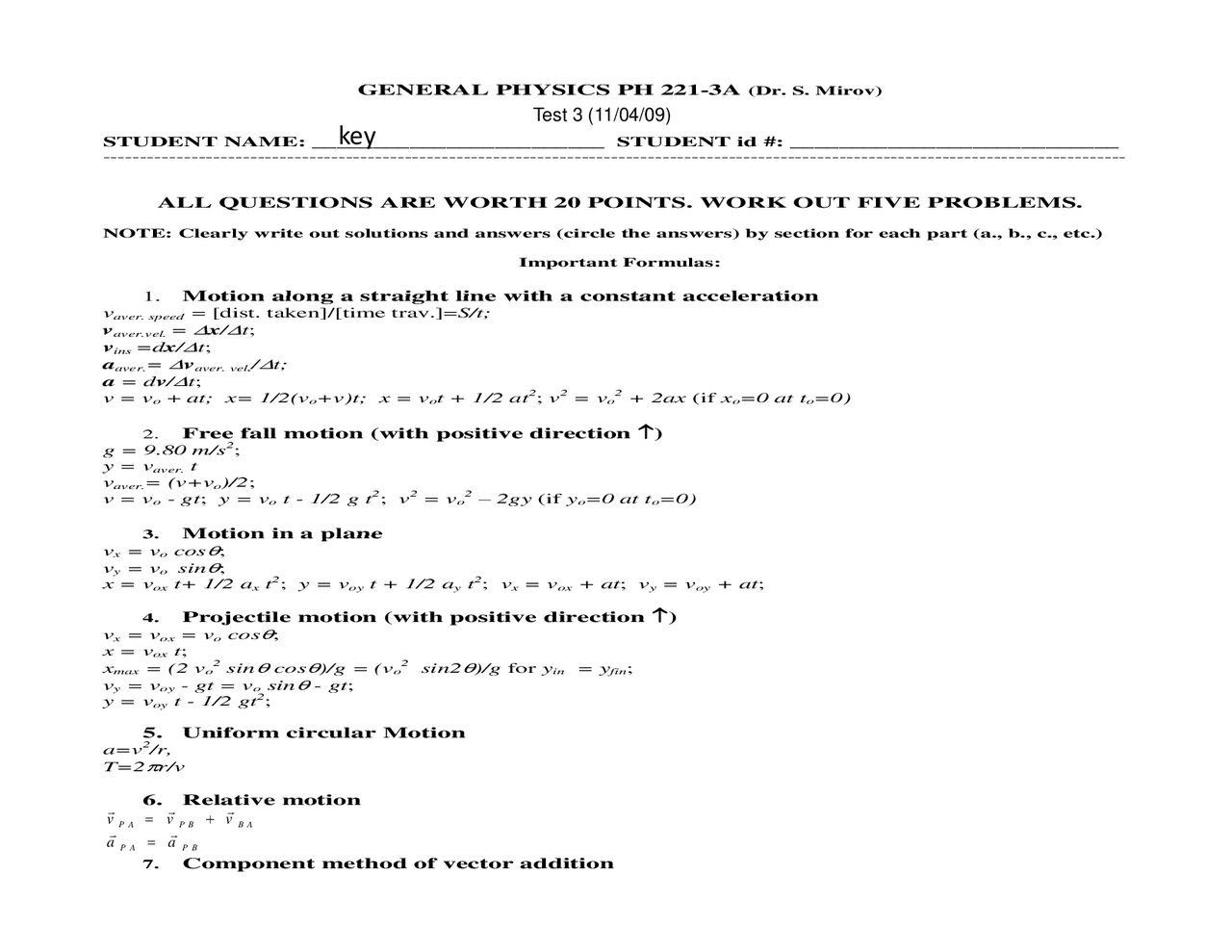 Solutions For Exam 3 General Physics I Ph 221 Docsity