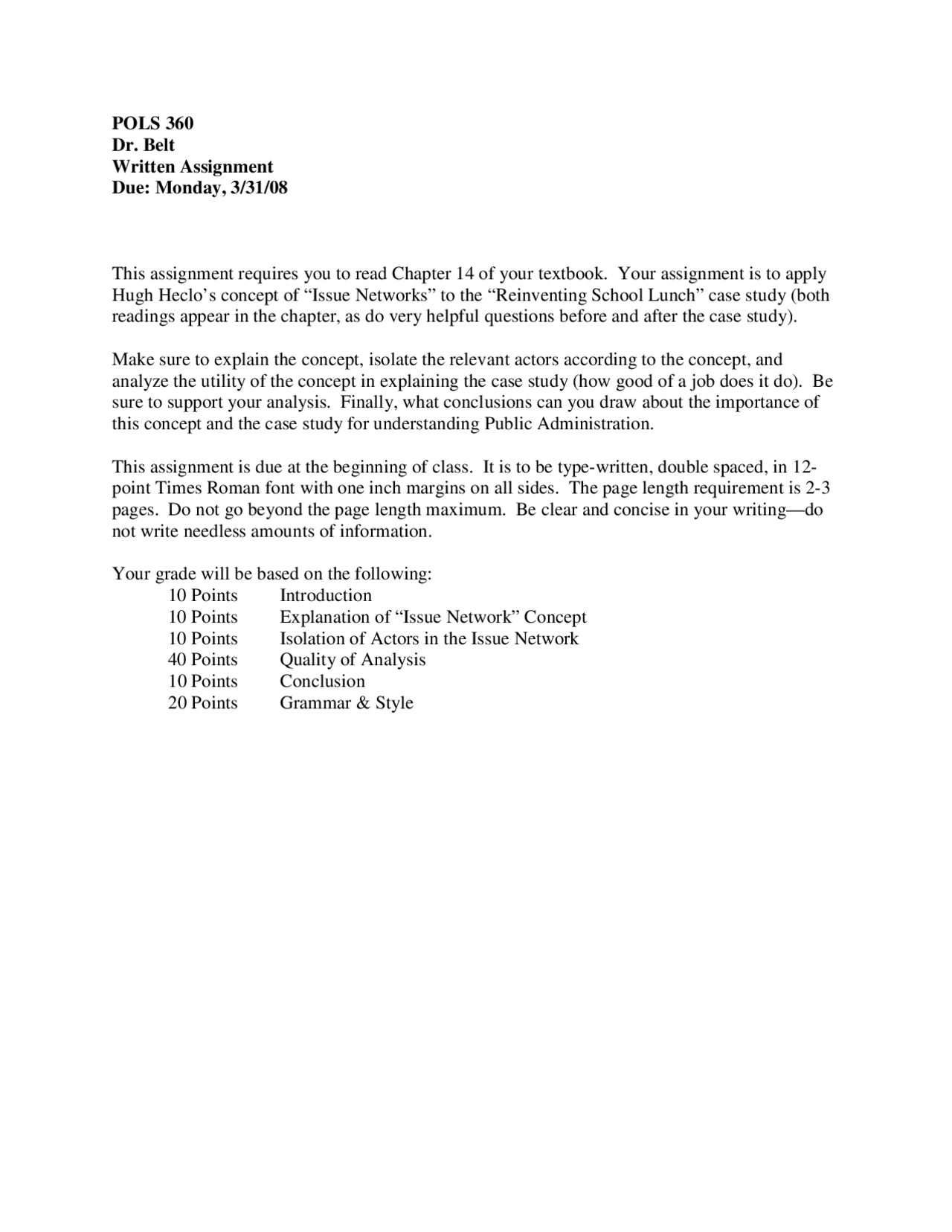 Assignment Issue Network for Public Administration | POLS 360 | Assignments Introduction to ...