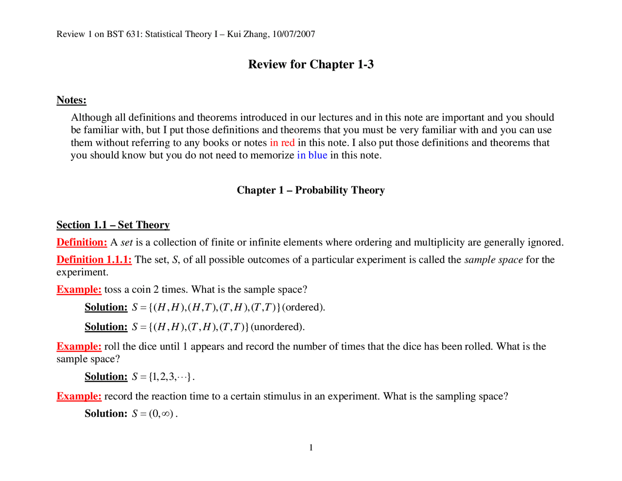 Review Sheet For Statistical Theory I Bst 631 Docsity