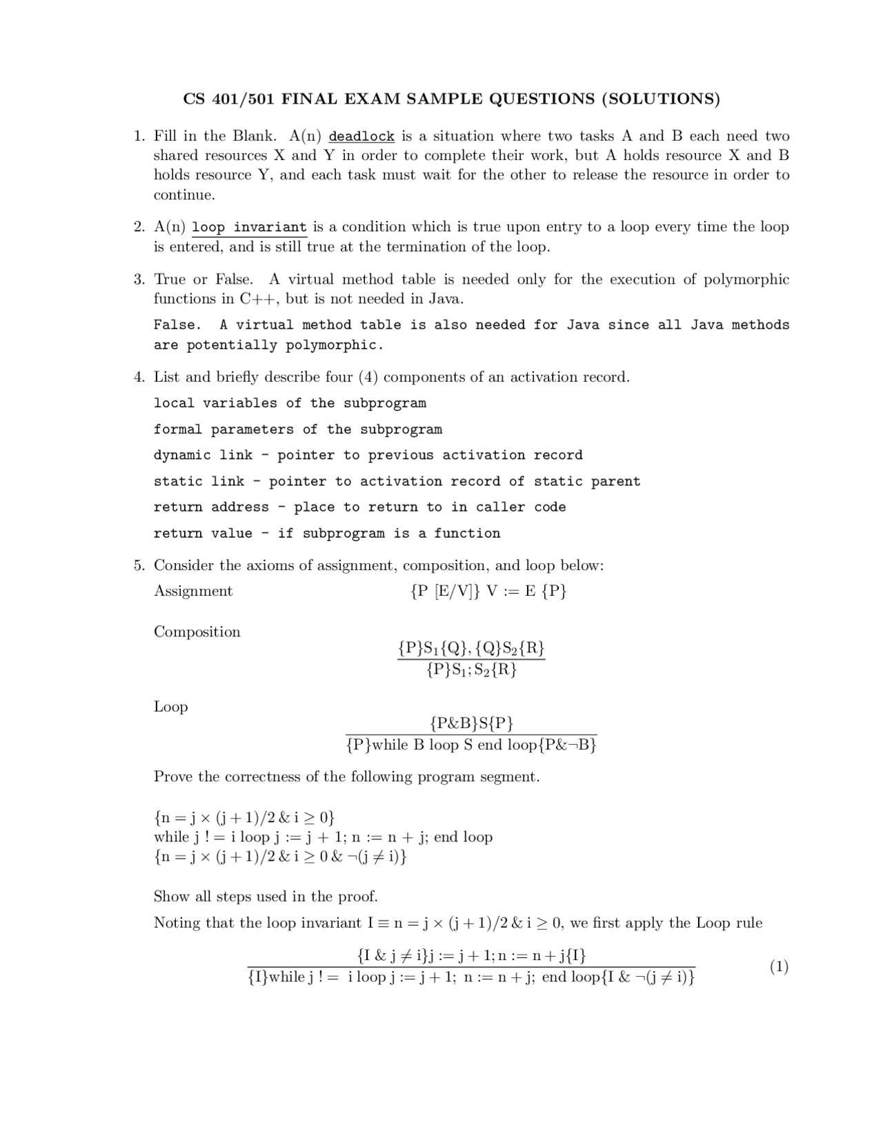 Solutions Of Final Exam Sample Questions Programming Languages Cs