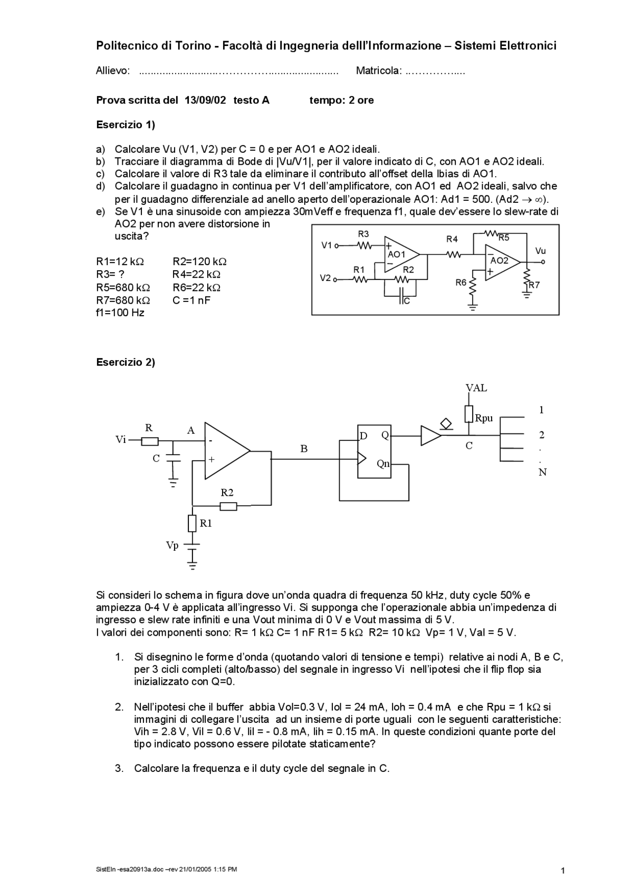 Sistemi elettronici - Tema d'esame - esa20913a | Prove d'esame di ...