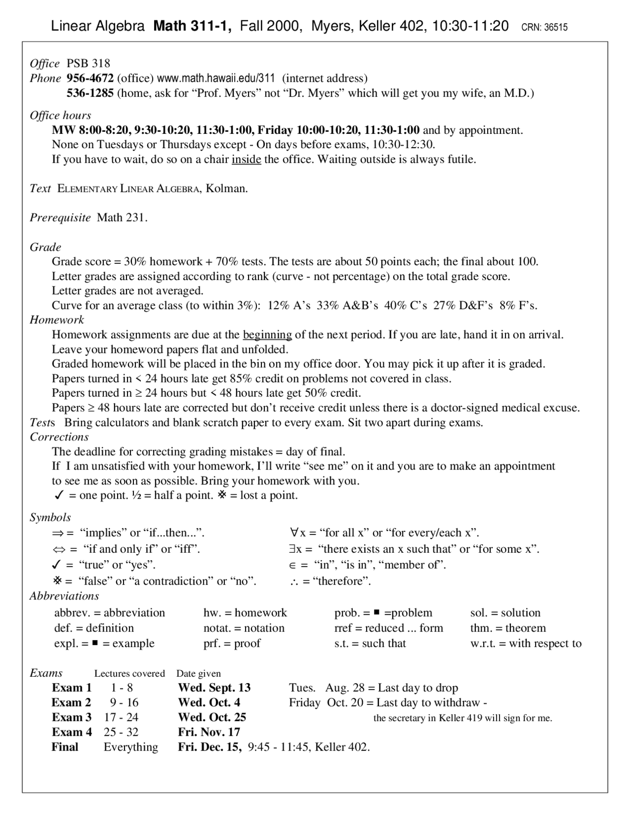 Linear Algebra - Calculus III - Exam 4 | MATH 231 - Docsity