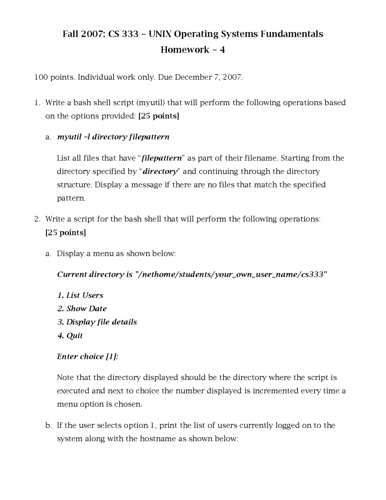 UNIX Operating System Fundamentals - Study Questions for Assignment 4 | CS 333 - Docsity