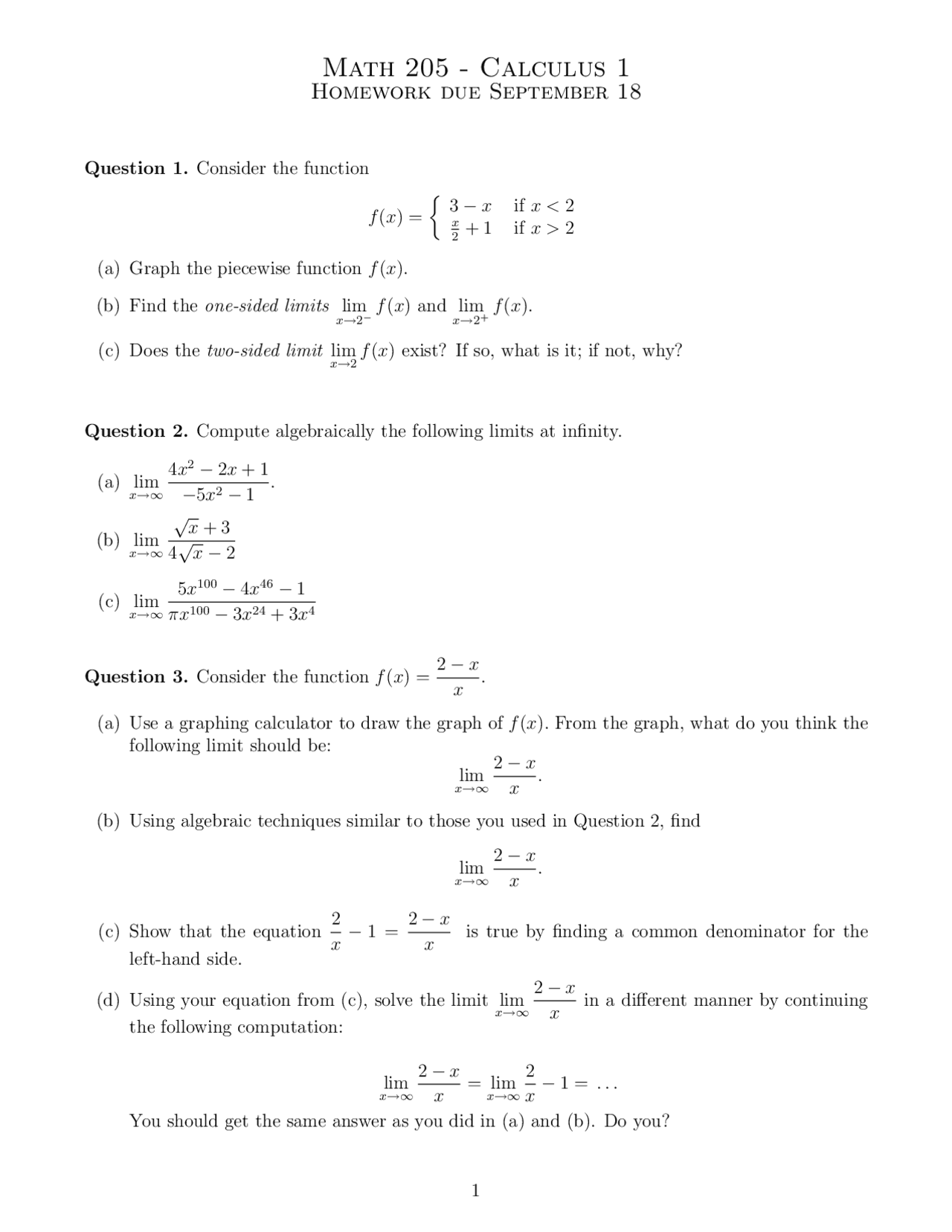 Unsolved Homework Questions For Calculus I Math 205 Docsity