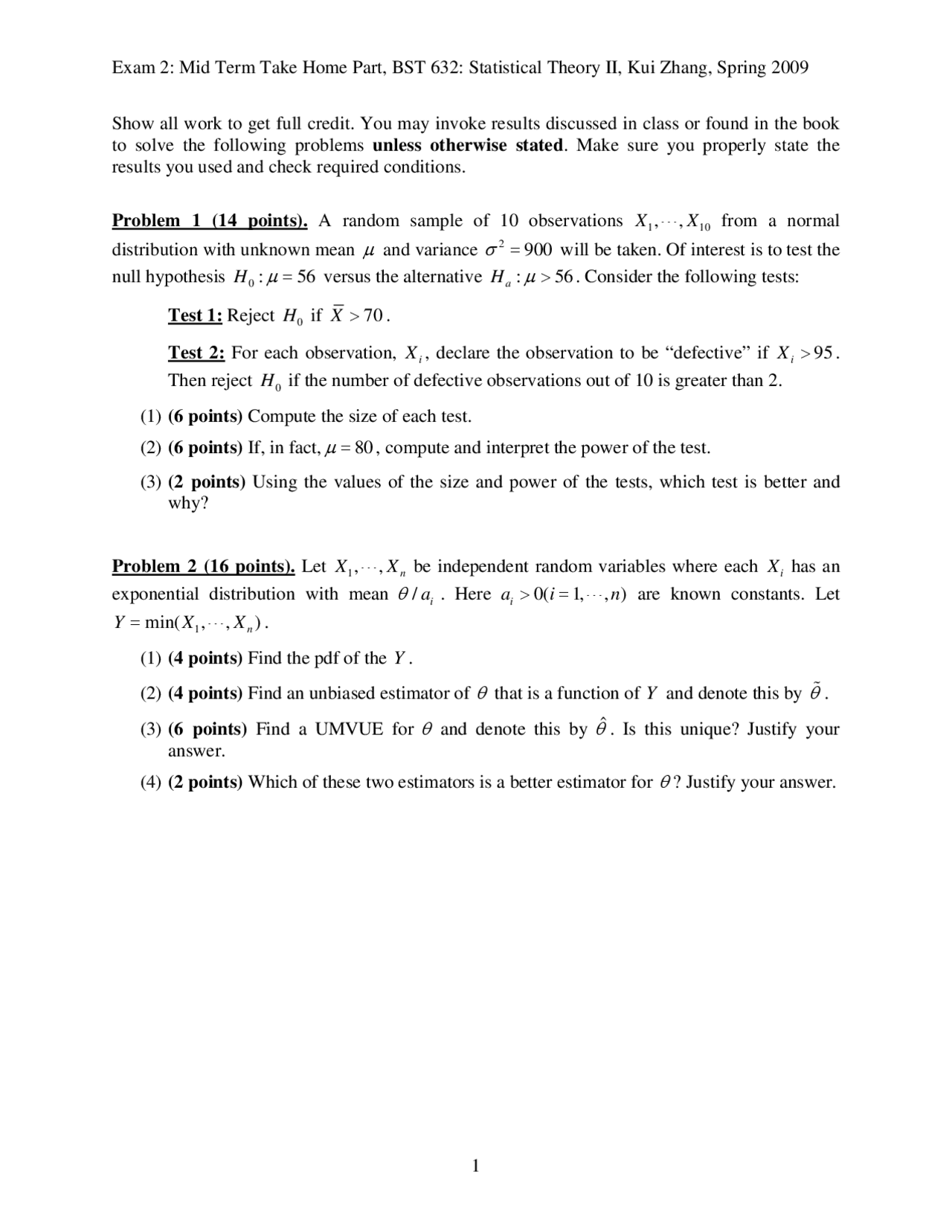 Midterm Examinations Questions Statistical Theory Ii Bst 632 Docsity