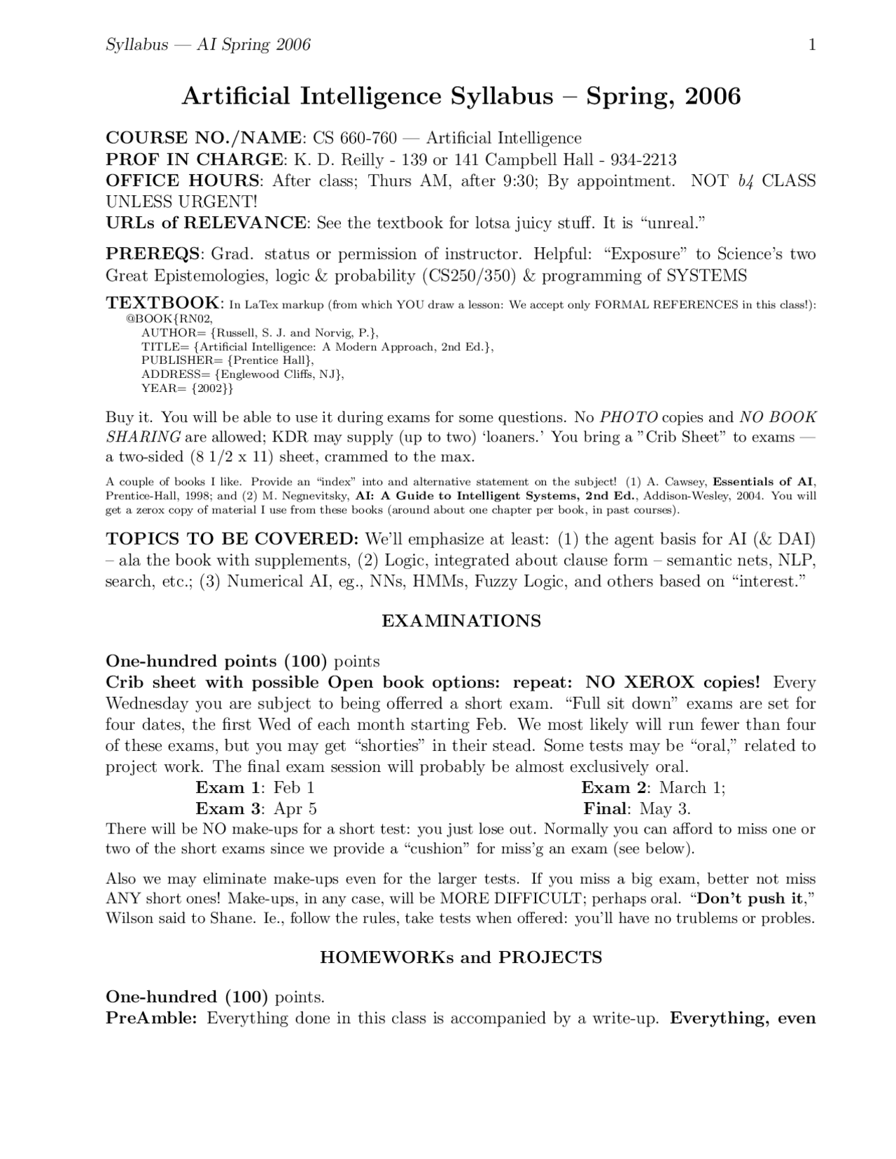 Artificial Intelligence Syllabus Spring 2006 Cs 660 Docsity