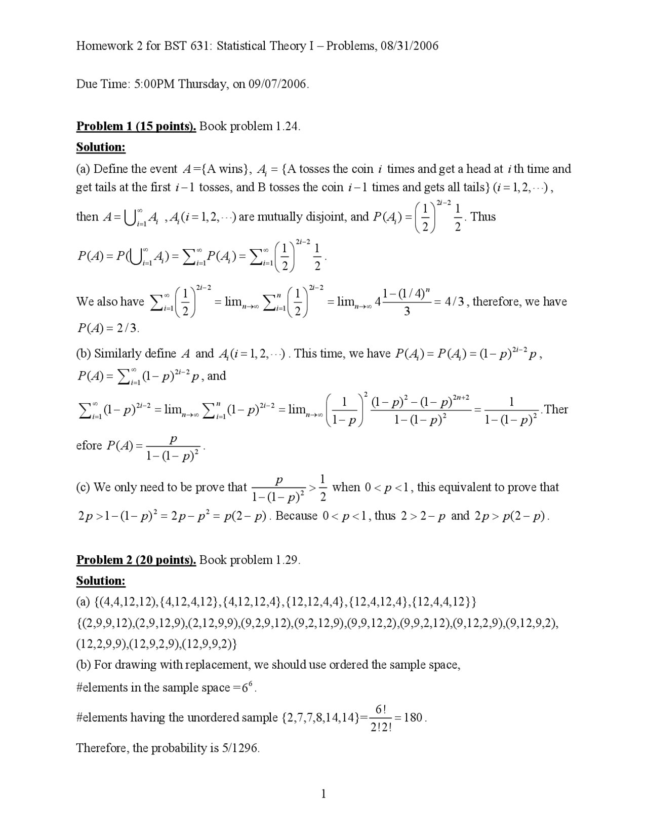 Solutions For Assignment 2 Statistical Theory I Bst 631 Docsity