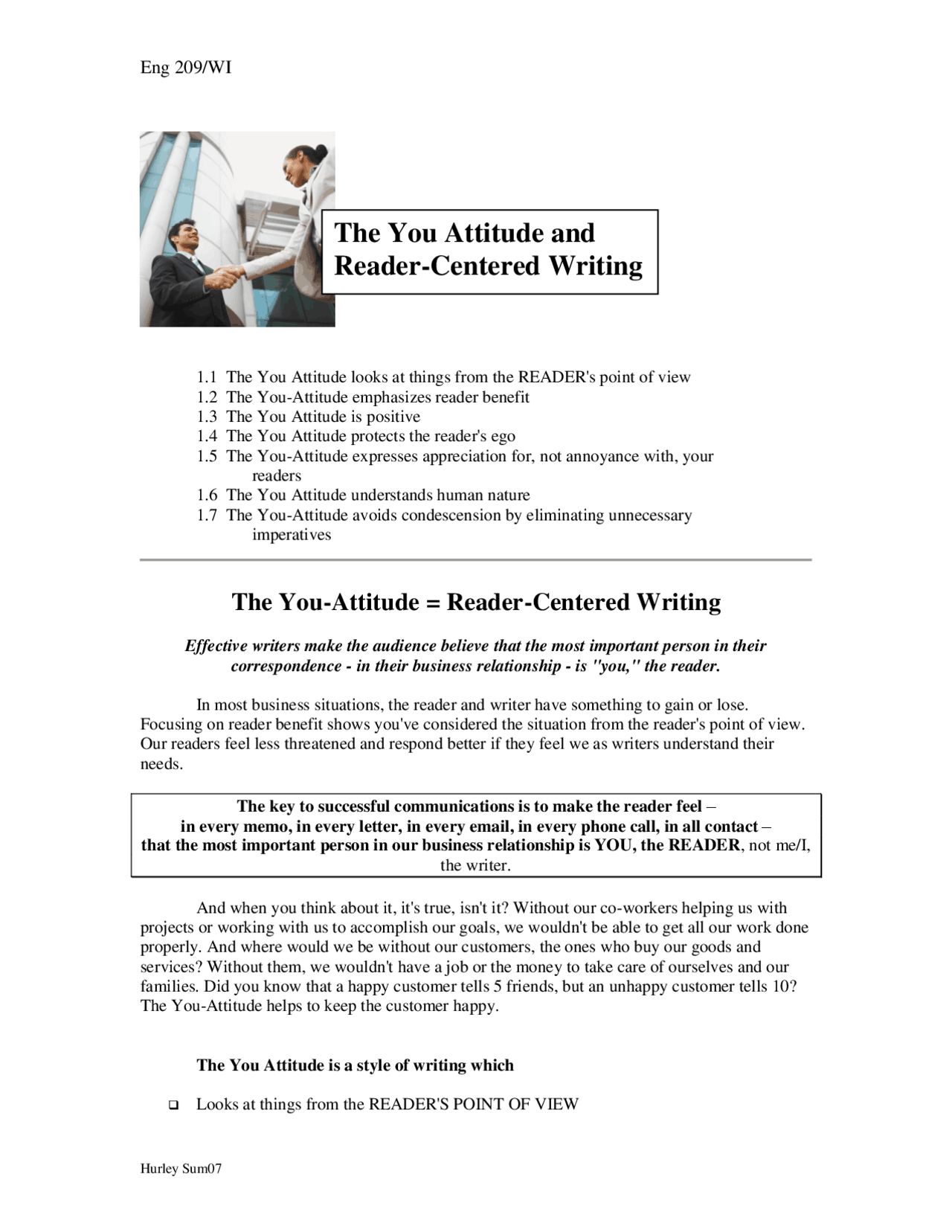 Reader Centered Writing - Lecture Notes | ENG 209 - Docsity