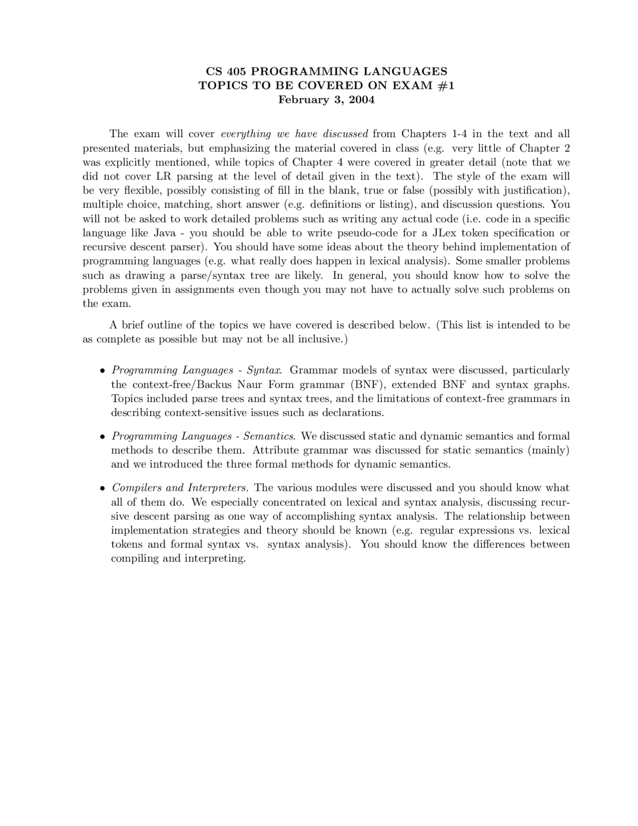 Exam 1 5 Questions Of Programming Languages Fall 2004 Cs 401