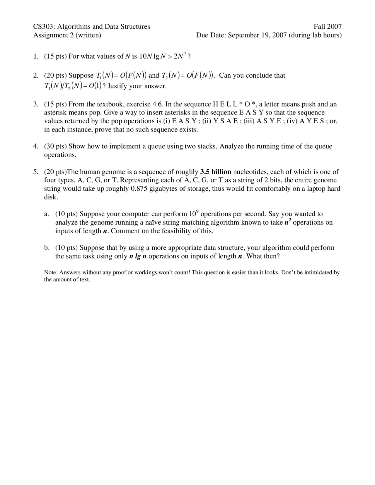 5 Questions For Algorithms And Data Structures Assignment 2 Cs 303 Docsity