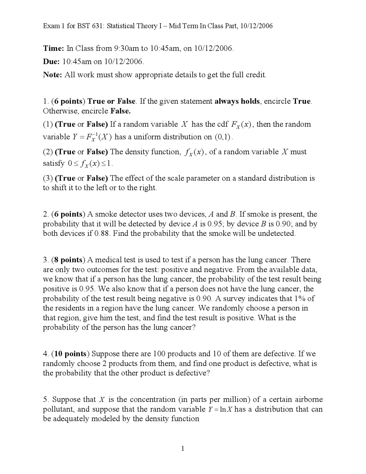 Unsolved Exam 1 For Statistical Theory I Bst 631 Docsity