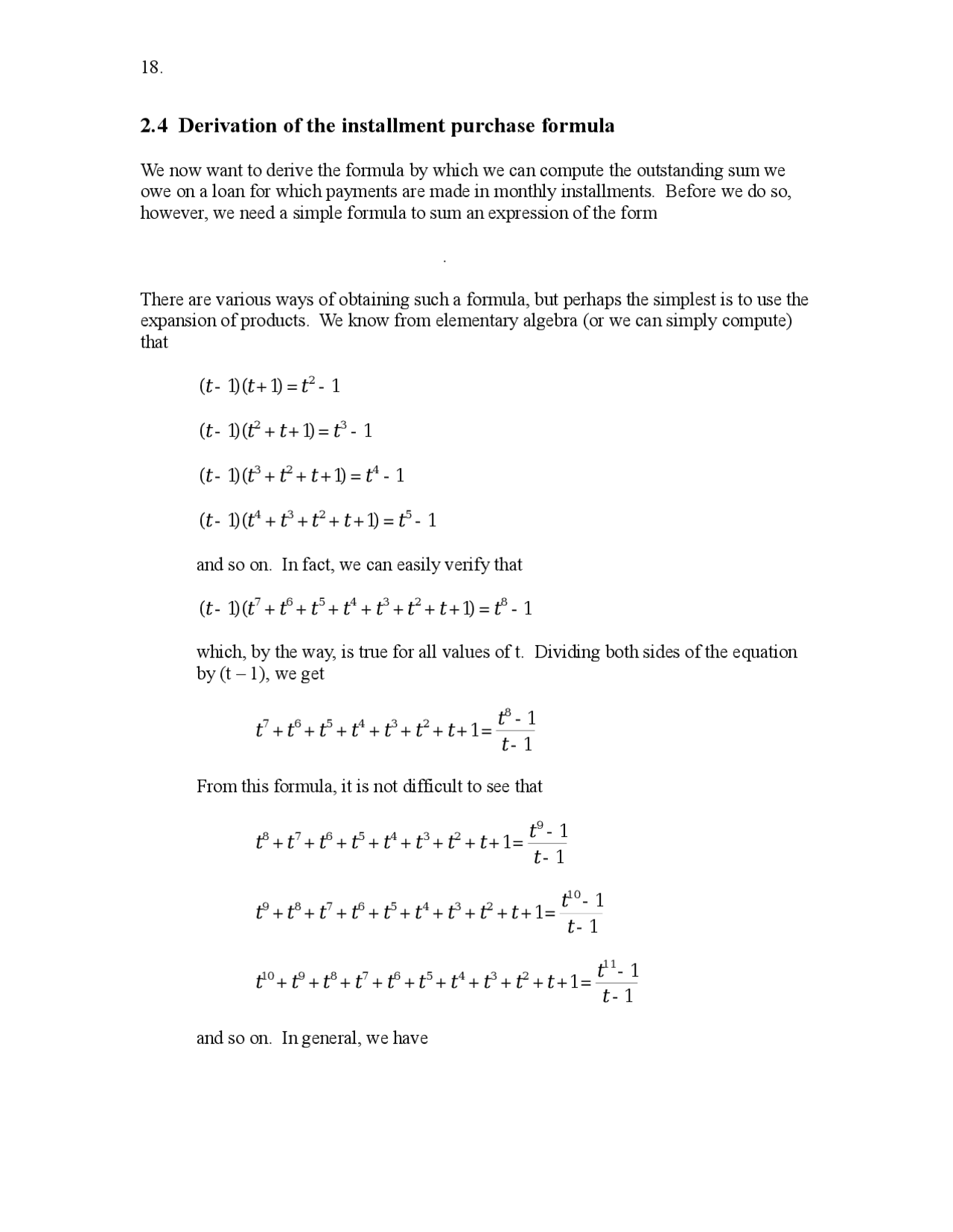 Derivation of the Installment Purchase Formula | MATH 100 - Docsity