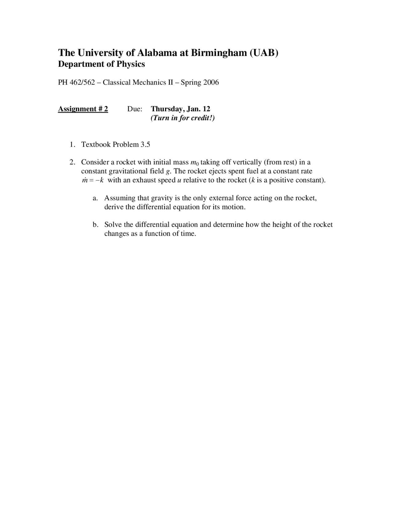 Assignment 2 Unsolved Problems | Classical Mechanics I | PH 462 - Docsity