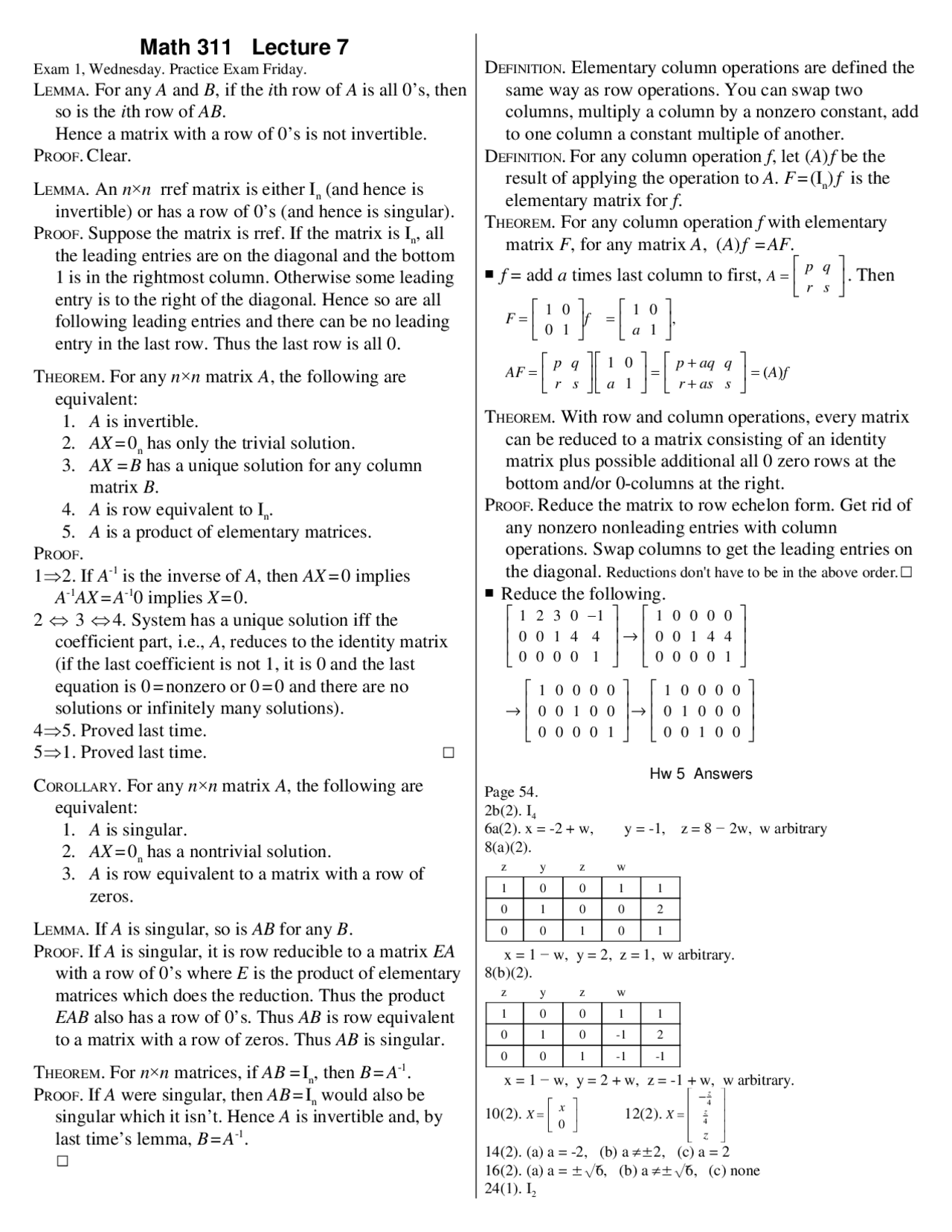 Solved Problems For Exam 1 Introduction To Linear Algebra Math 311