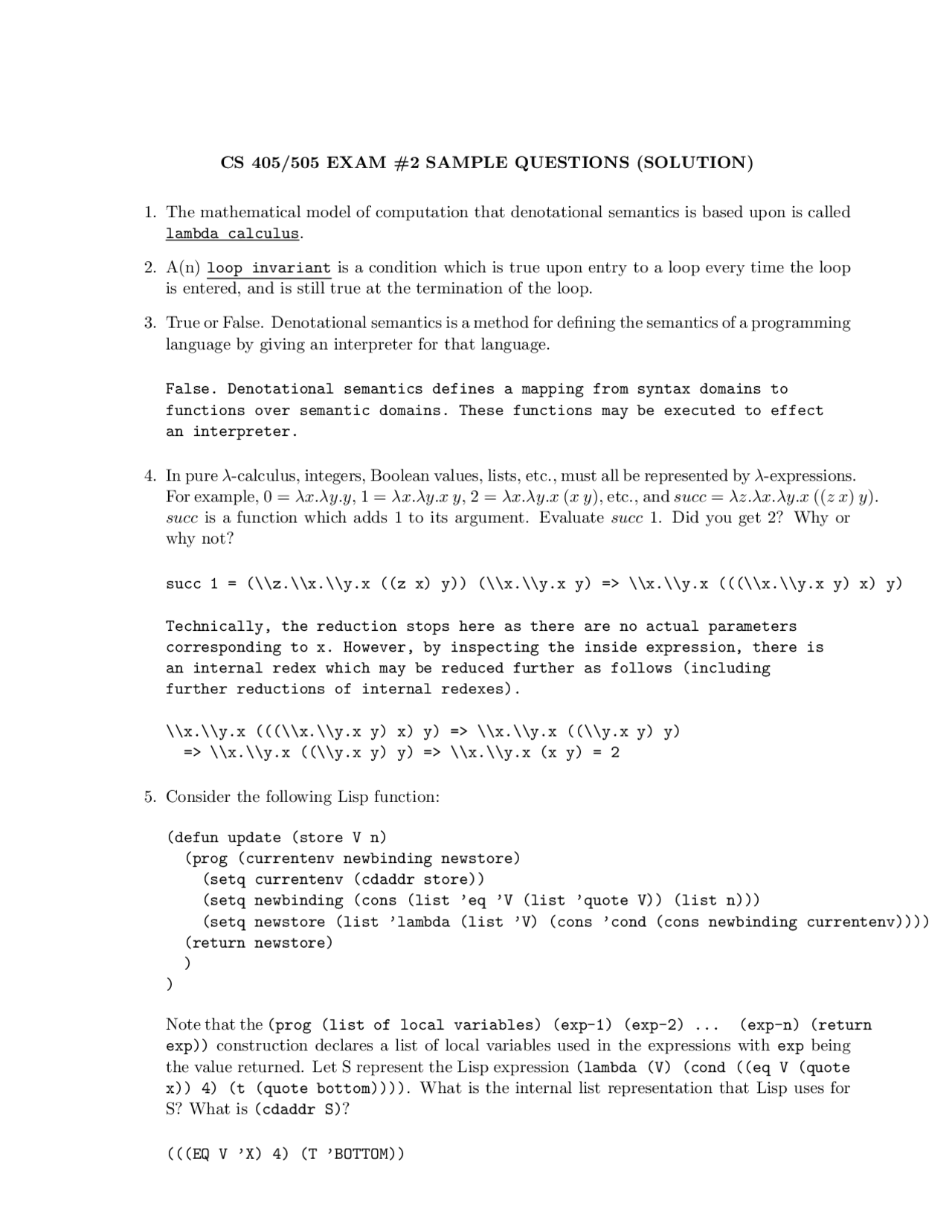 Programming Languages - Exam 2 Sample Questions with Solutions | CS 401 - Docsity