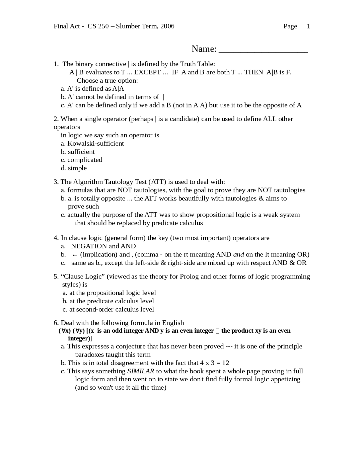 Final Examination With Answers For Discrete Structures Cs 250 Docsity