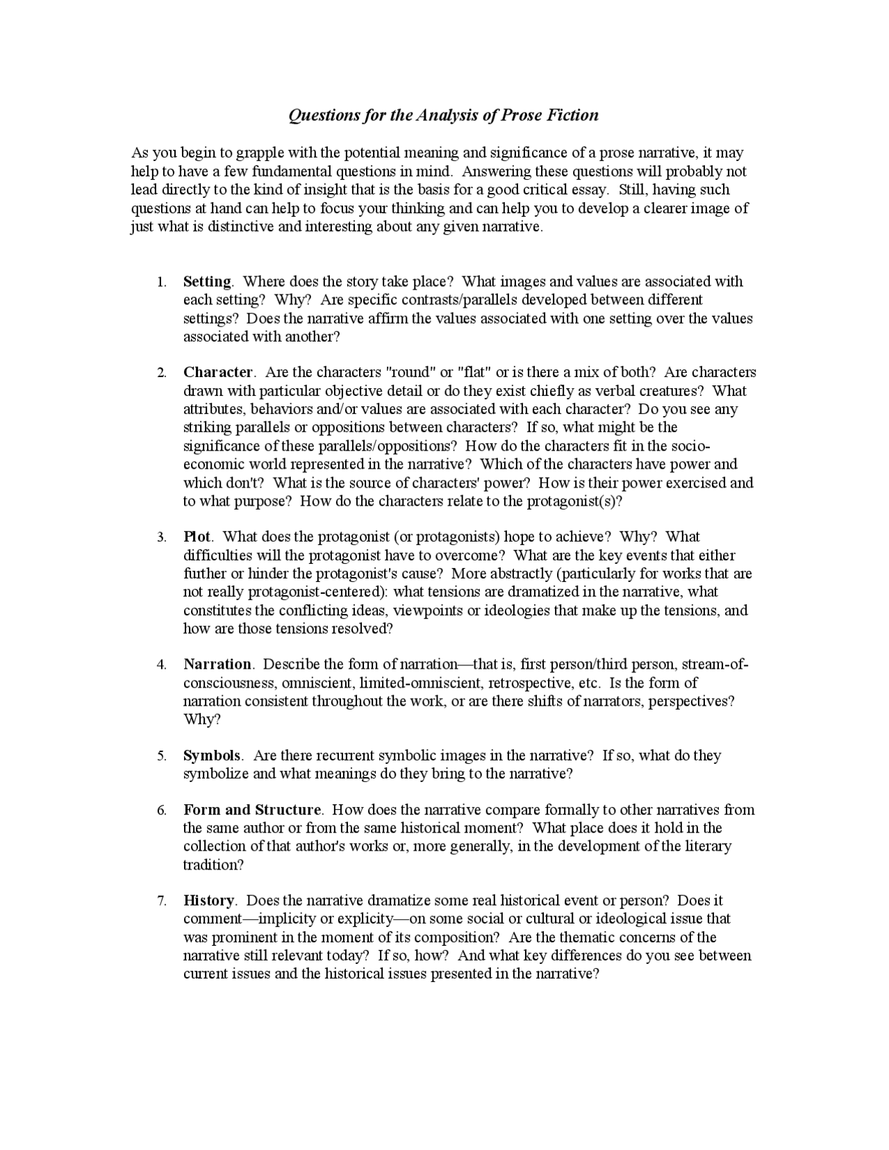 Questions for Analysis of Prose Fiction - Assignment | EH 301 - Docsity