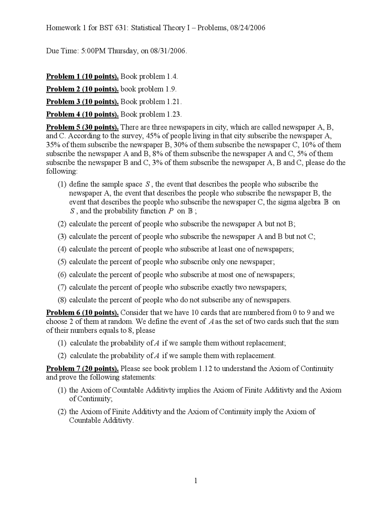 Homework 1 Questions Statistical Theory I Bst 631 Docsity