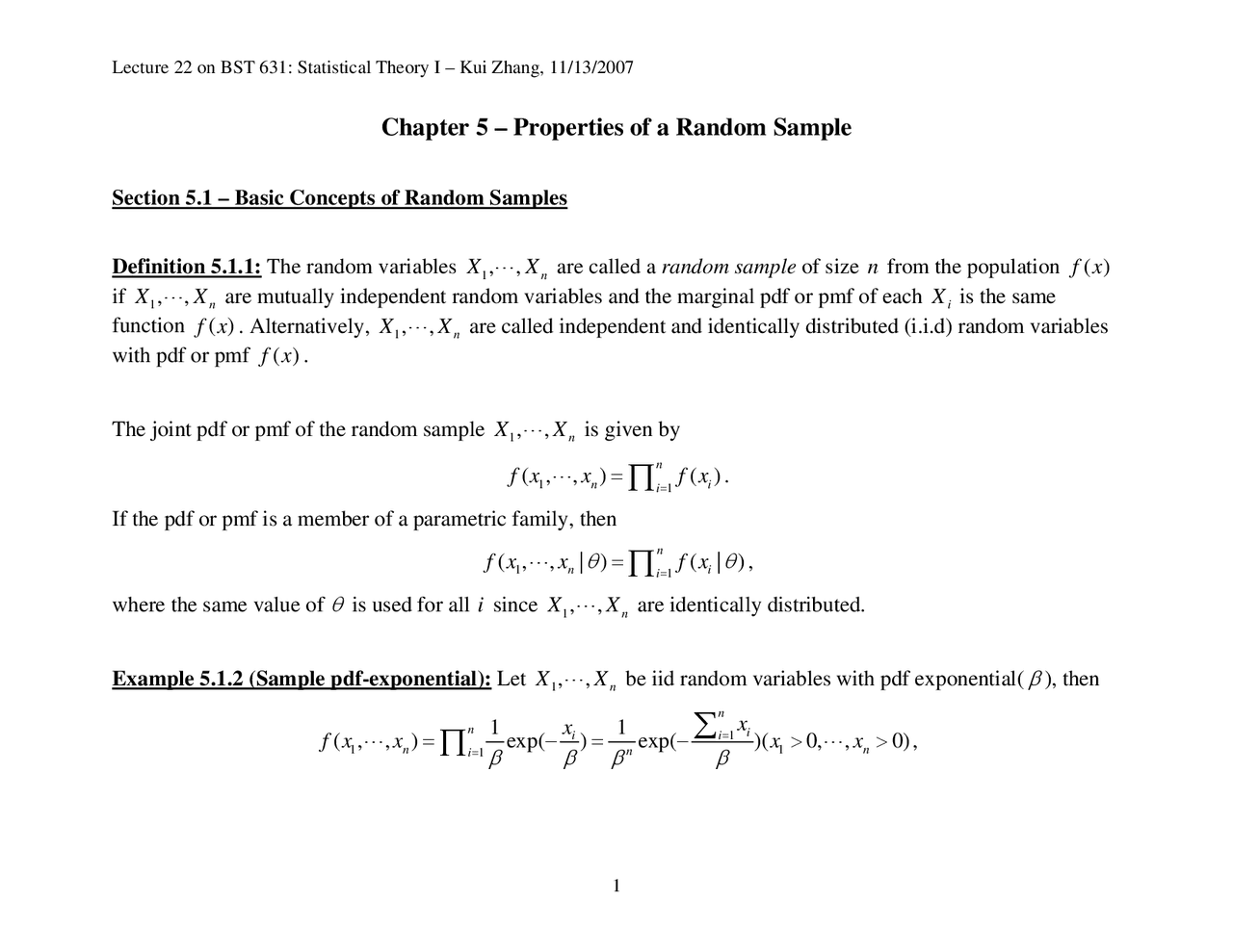 Notes On Properties Of A Random Sample Statistical Theory I Bst 631