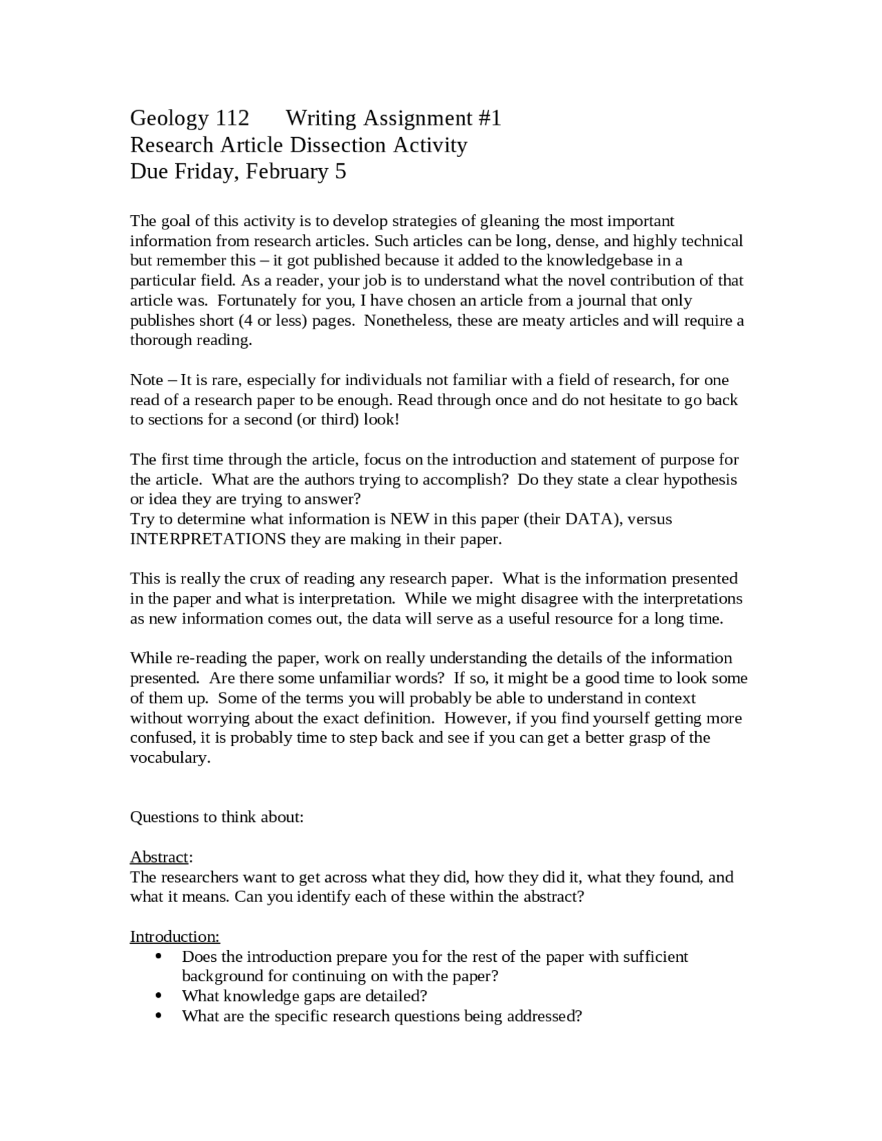 Research Article Dissection Activity - Writing Assignment #1 | GEOL 112 ...