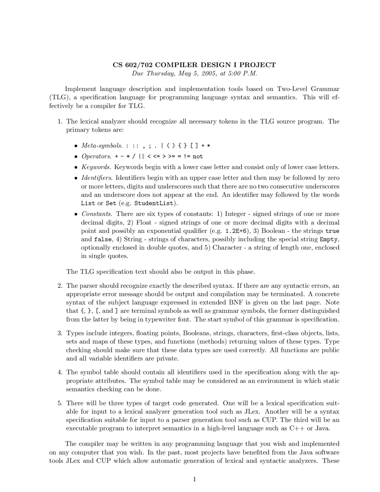 CS 602/702 Compiler Design Project: Implementing a Compiler for Two-Level Grammar (TLG ...