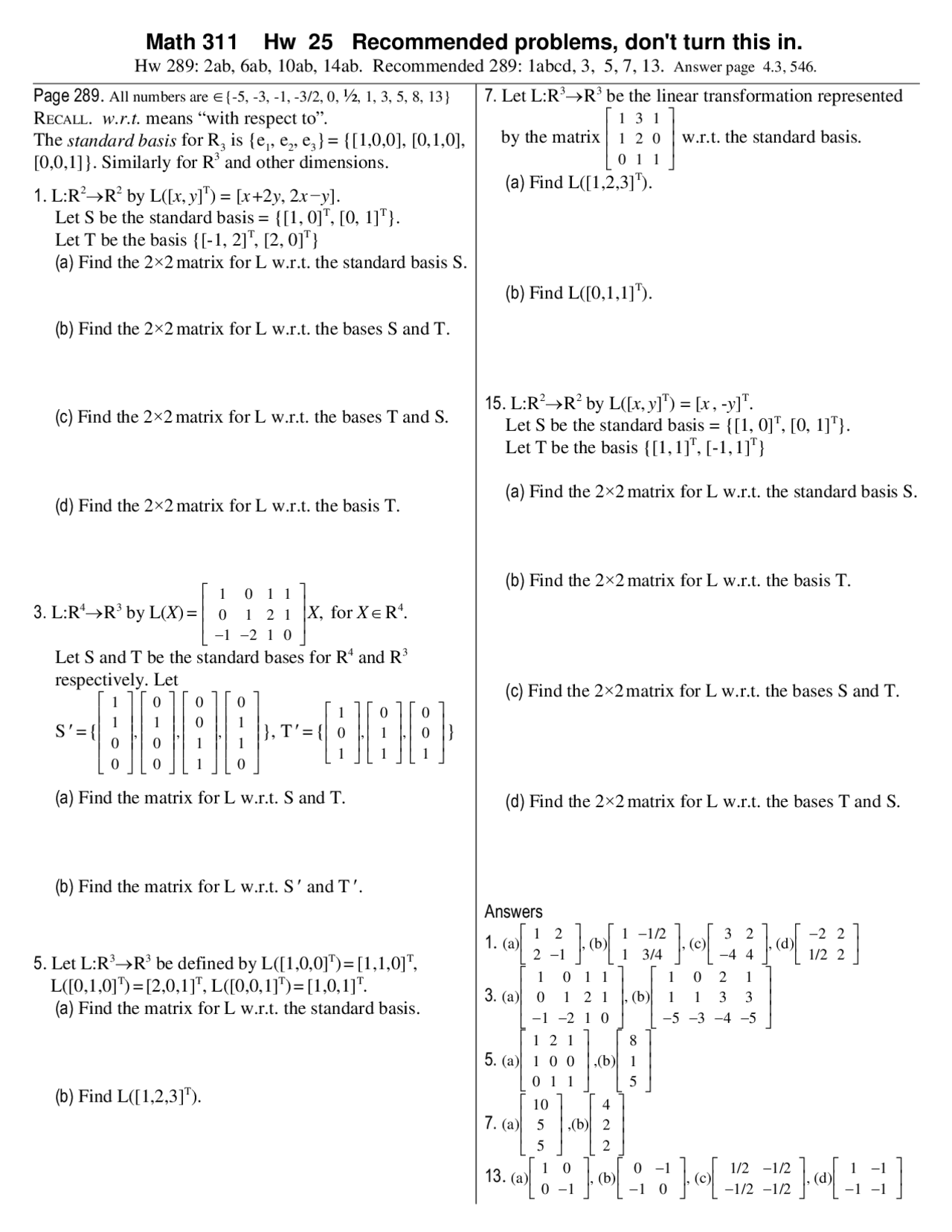 Assignment 25 with Answers - Introduction to Linear Algebra | MATH 311 - Docsity