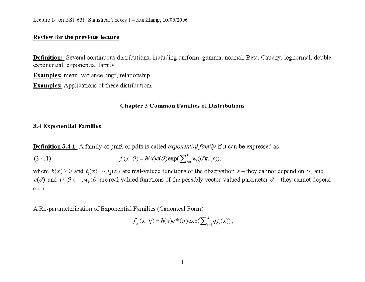 Common Families Of Distributions Review Sheet Bst 631 Docsity