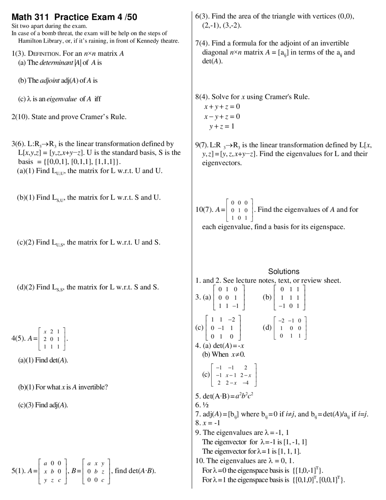Introduction to Linear Algebra - Practice Exam 4 | MATH 311 - Docsity