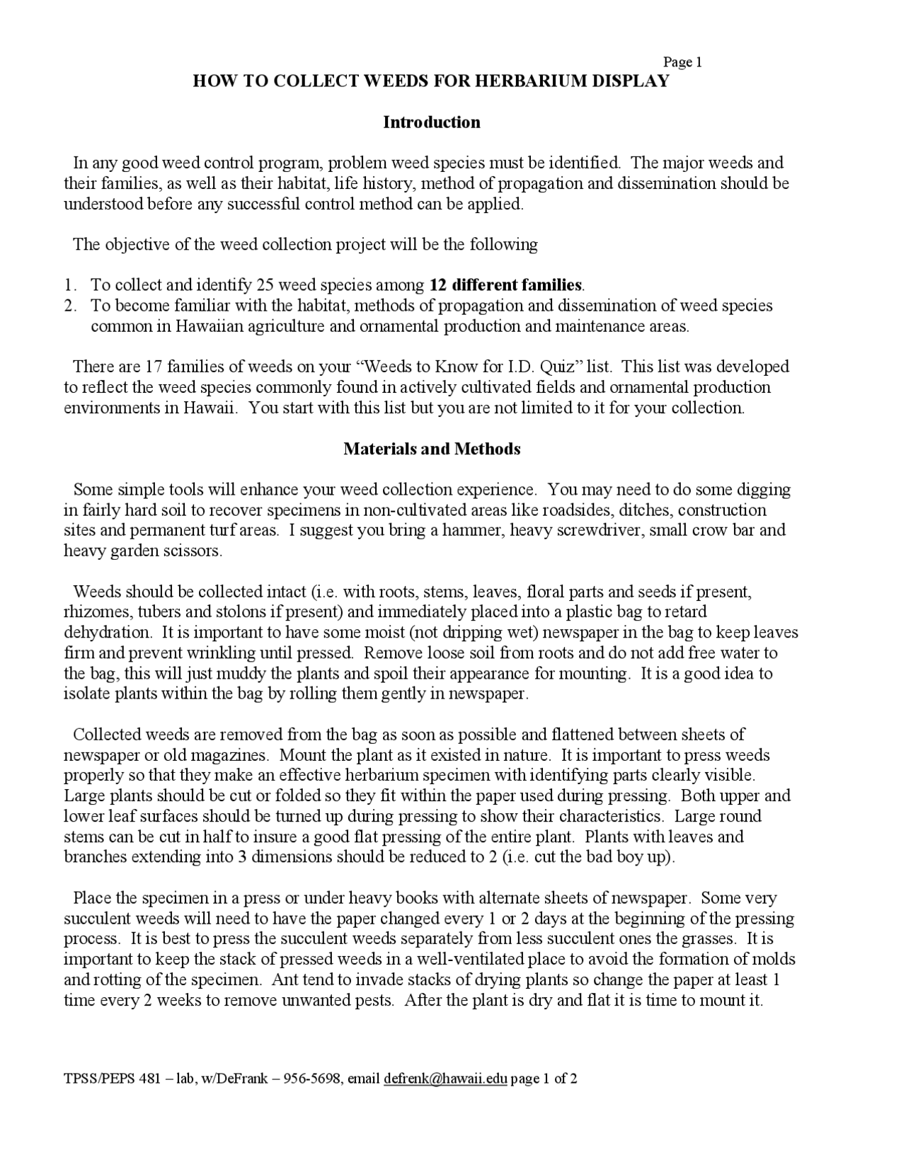 How To Collect Weeds For Herbarium Display Lab Hort 481 Docsity