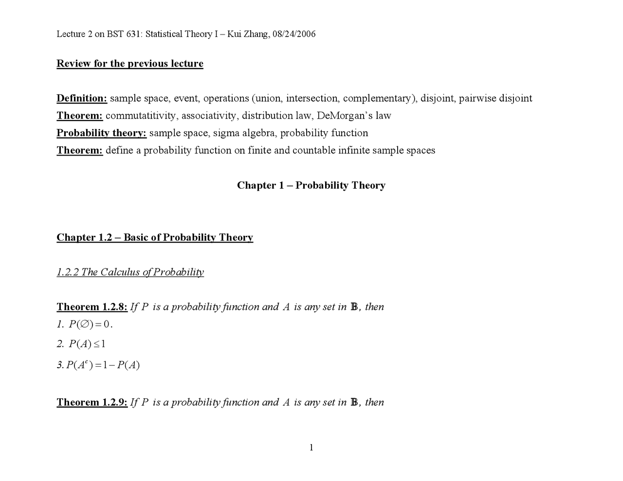 Review Sheet for Probability Theory | BST 631 - Docsity