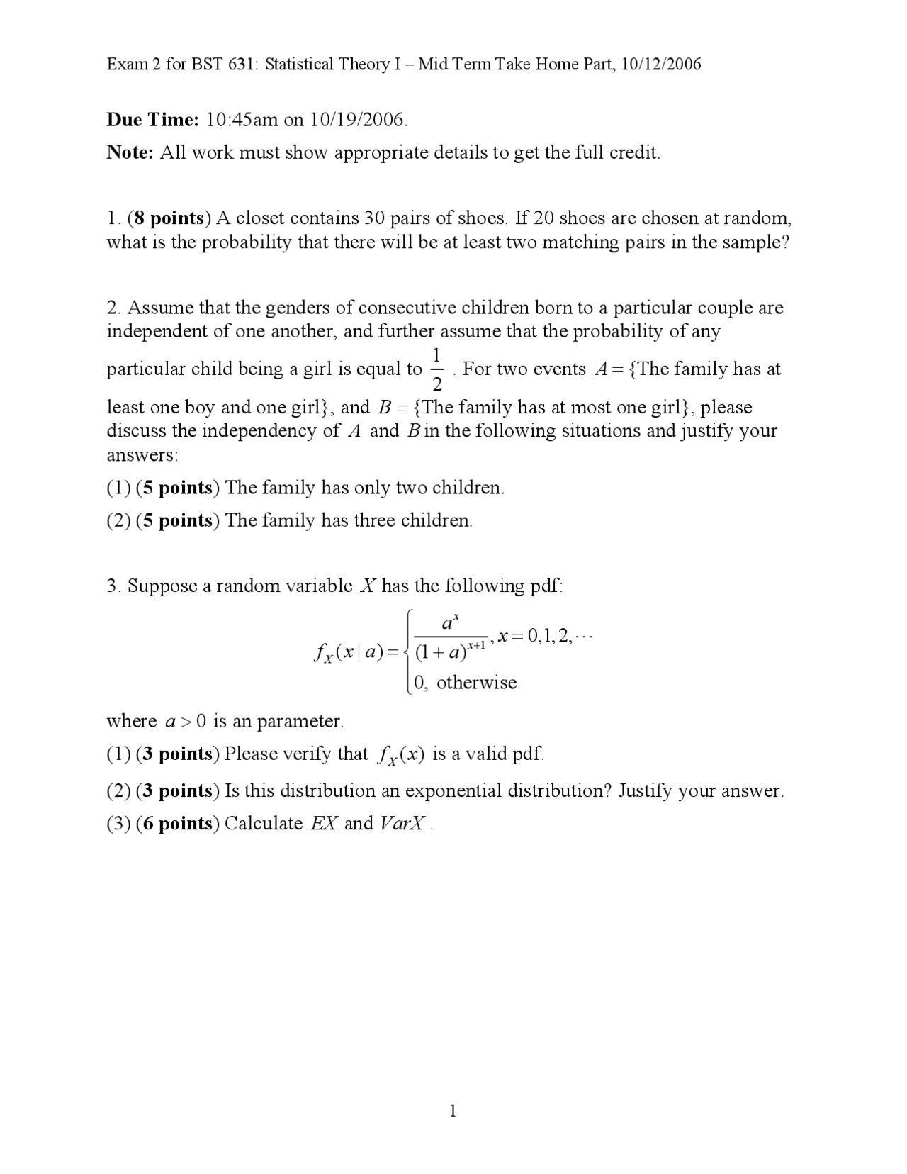 Practice Exam 2 Statistical Theory I Bst 631 Docsity