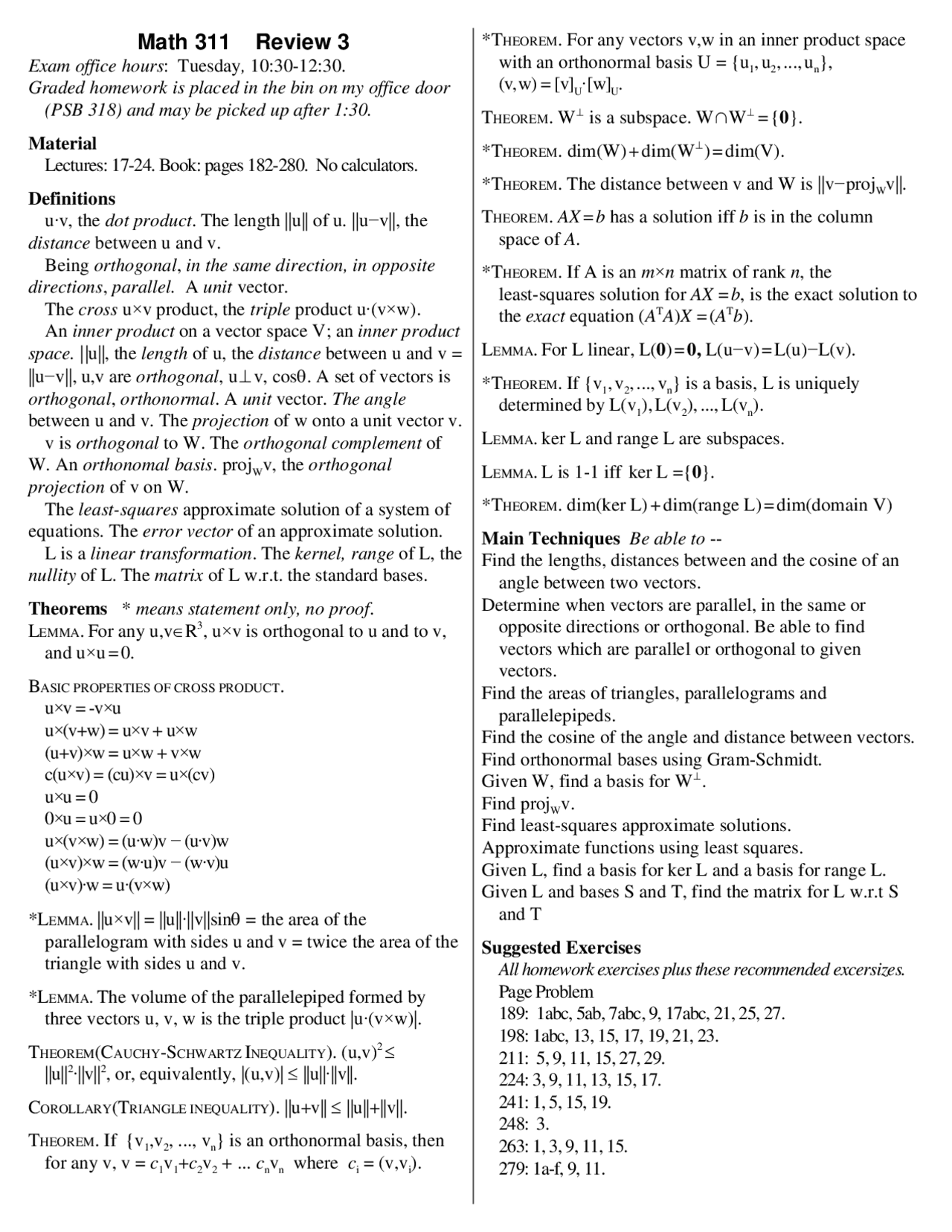 Exam 3 Review Sheet for Introduction to Linear Algebra | MATH 311 - Docsity